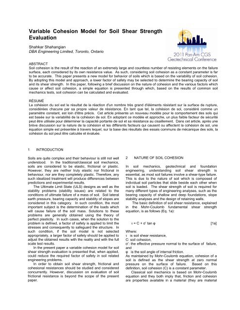 Variable Cohesion Model for Soil Shear Strength Evaluation