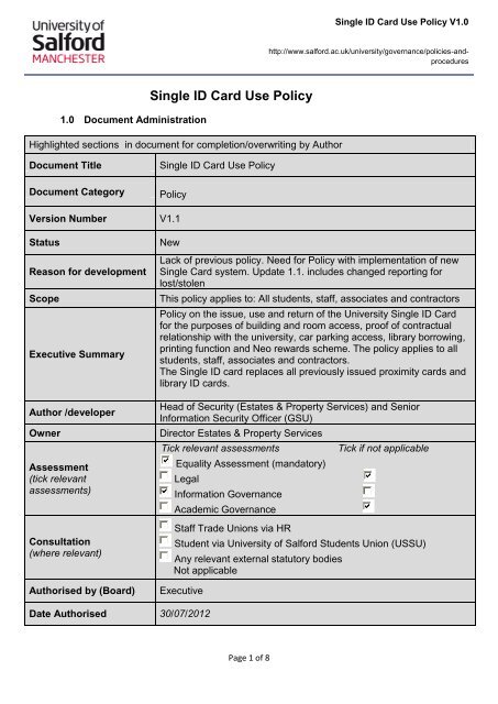 Single ID Card Use Policy - University of Salford