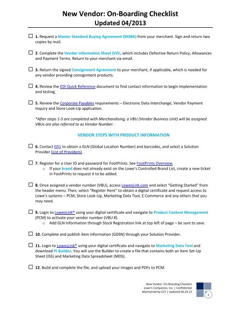 New Vendor: On-Boarding Checklist - LowesLink