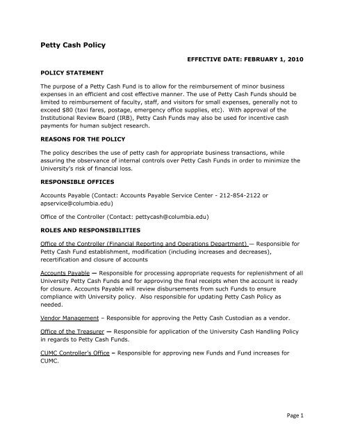 Petty Cash Policy Columbia University Administrative Policy Library petty-cash-policy-columbia-university-administrative-policy-library