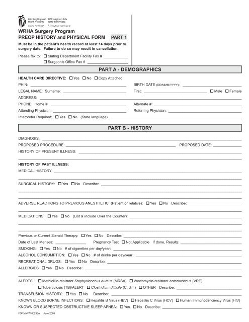 Preop History and Physical Form