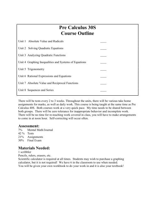 Pre Calculus 30S Course Outline - Elkhorn School