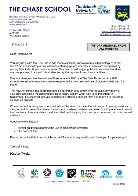 Biometric Consent Letter - The Chase Technology College