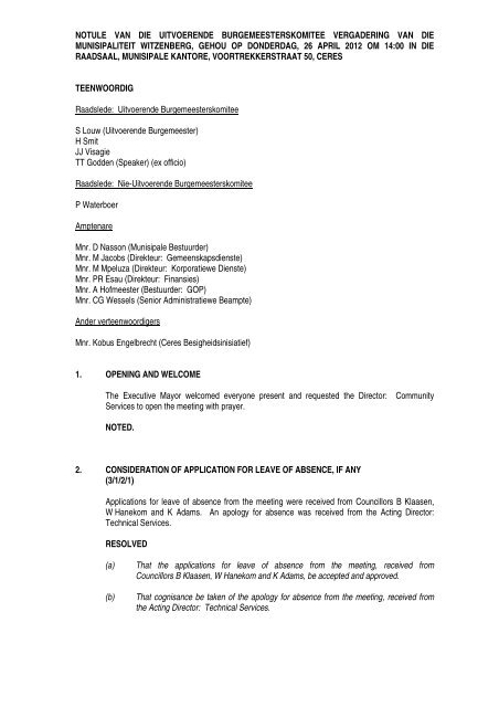 notule van die uitvoerende burgemeesterskomitee vergadering van ...