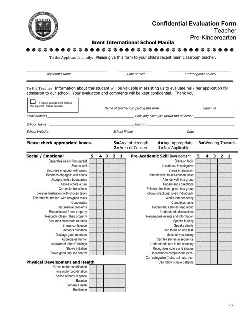 Confidential Evaluation Form Teacher Pre-Kindergarten - Brent ...