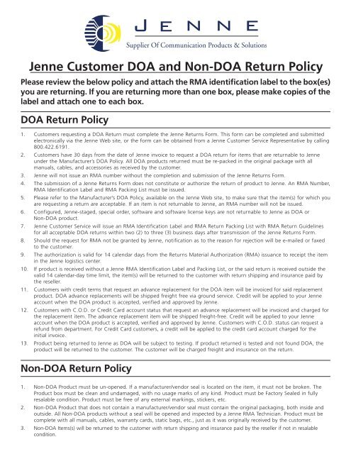 Jenne Customer DOA and Non-DOA Return Policy
