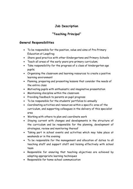 Job Description Class Teacher - Final - Leapfrog