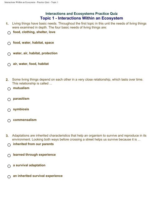 Interactions Within an Ecosystem - Practice Quiz - Topic 1 - Ed Quest