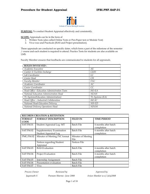 Procedure for Student Appraisal IFBI.PNF.SAP.01 - IFBI.com