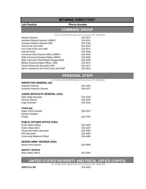 mtarng directory command group personal staff - Montana Army ...