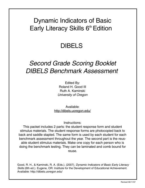 Second Grade Scoring Booklet DIBELS Benchmark Assessment