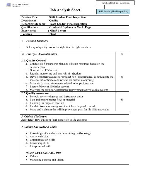 Shift Leader (Final Inspection) - Hi-Tech Gears Ltd.
