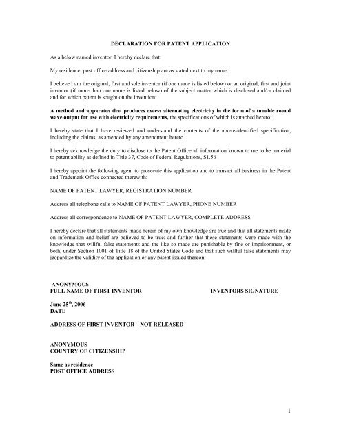 DECLARATION FOR PATENT APPLICATION As a below named ...