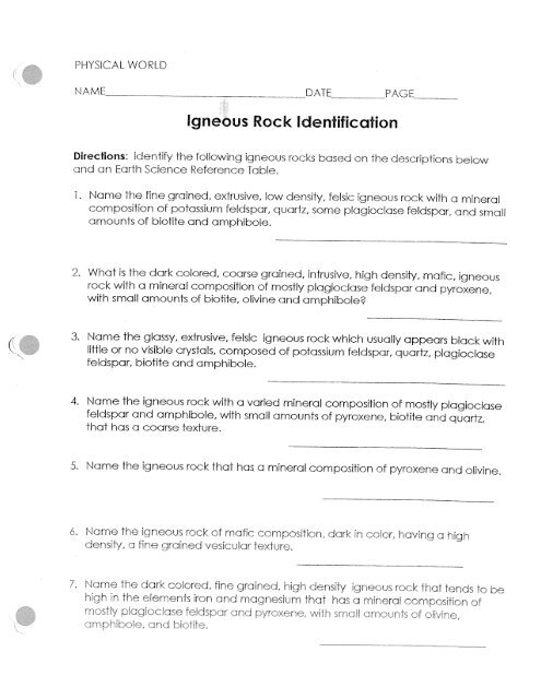 Igneous Rock Worksheet