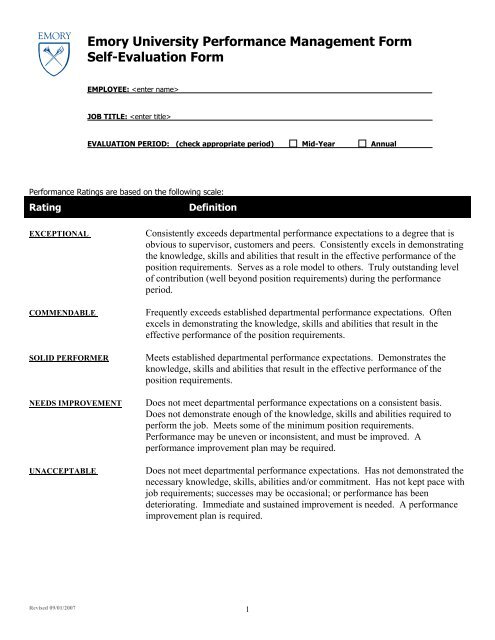 Emory University Performance Management Form Self-Evaluation ...