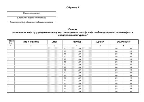 Obrazac 2 - Spisak zaposlenih koji su u radnom odnosu ... - Paragraf