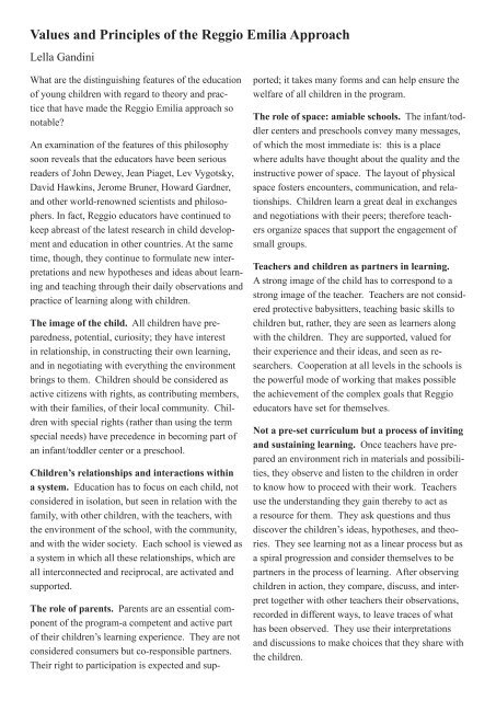 Values and Principles of the Reggio Emilia Approach - Learning ...