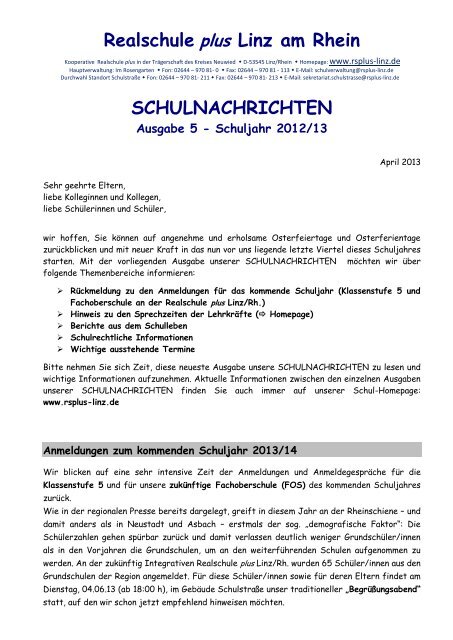 Realschule plus Linz am Rhein SCHULNACHRICHTEN