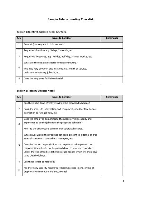 Sample Telecommuting Checklist - The Employer Alliance