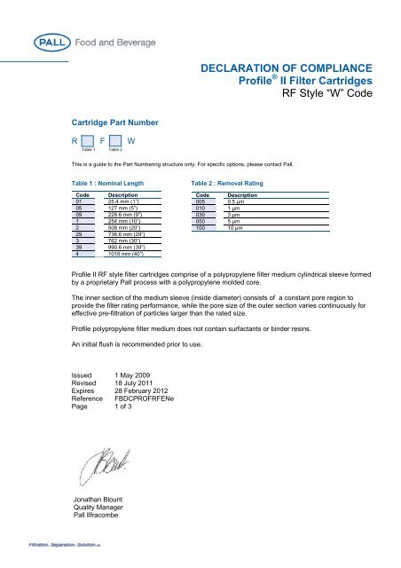 DECLARATION OF COMPLIANCE Profile II Filter ... - Pall Corporation