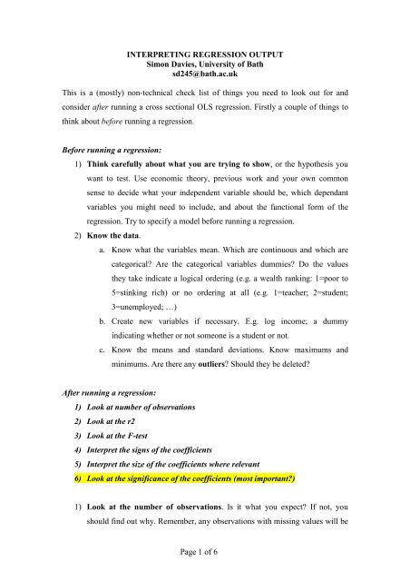 Page 1 Of 6 Interpreting Regression Output Simon Davies