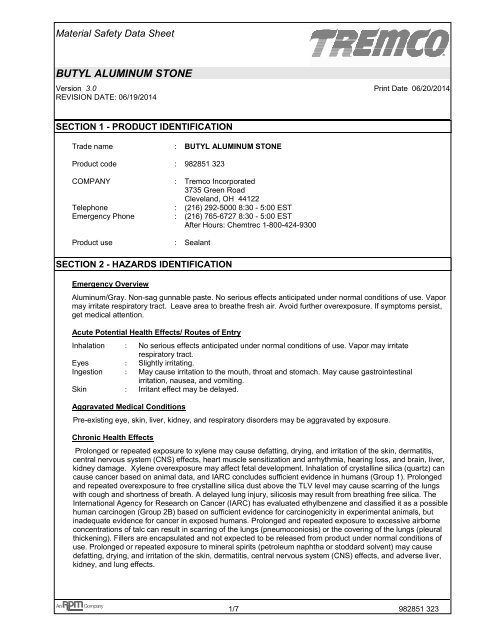 Butyl Aluminum Stone MSDS - Tremco Sealants