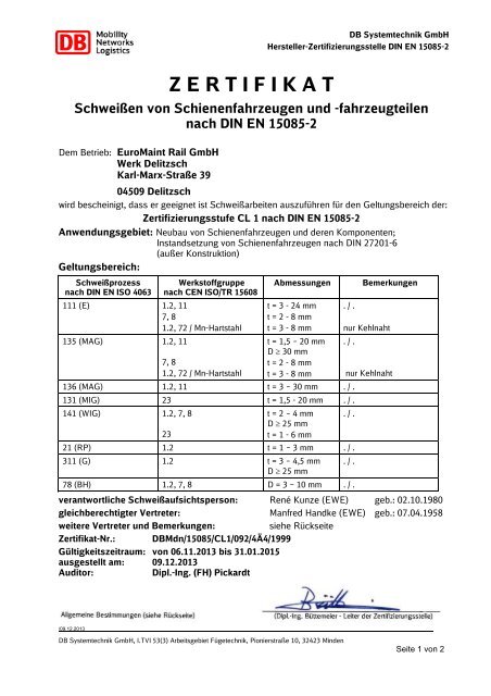 fahrzeugteilen nach DIN EN 15085-2 - EuroMaint Rail