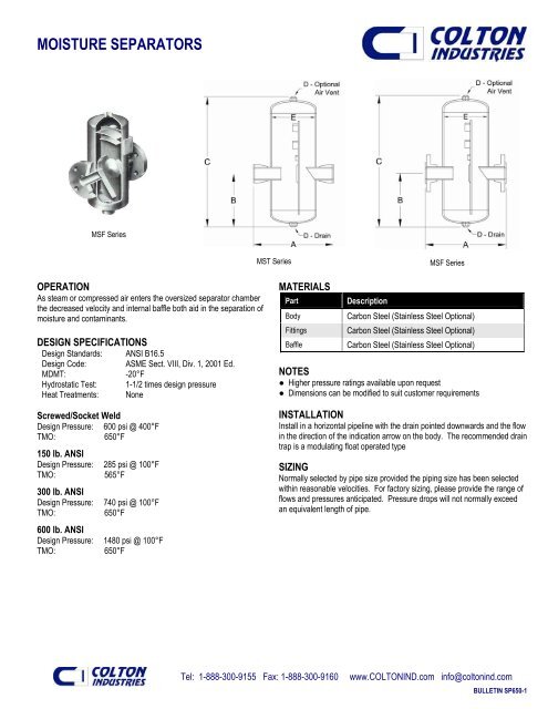 Moisture Separators Fabricated - Product Data Bulletin - Colton