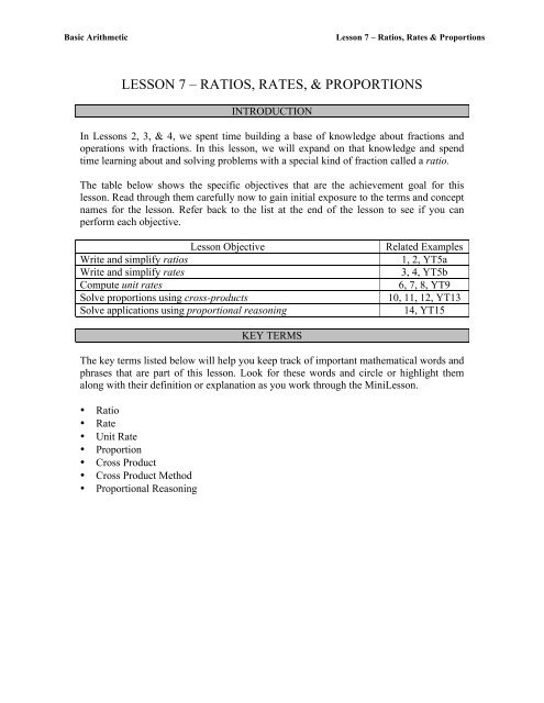 LESSON 7 – RATIOS, RATES, & PROPORTIONS