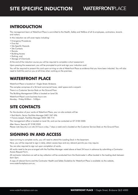 SITE SPECIFIC INDUCTION - Waterfront Place