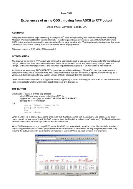 Experiences of using ODS : moving from ASCII to RTF ... - PhUSE Wiki