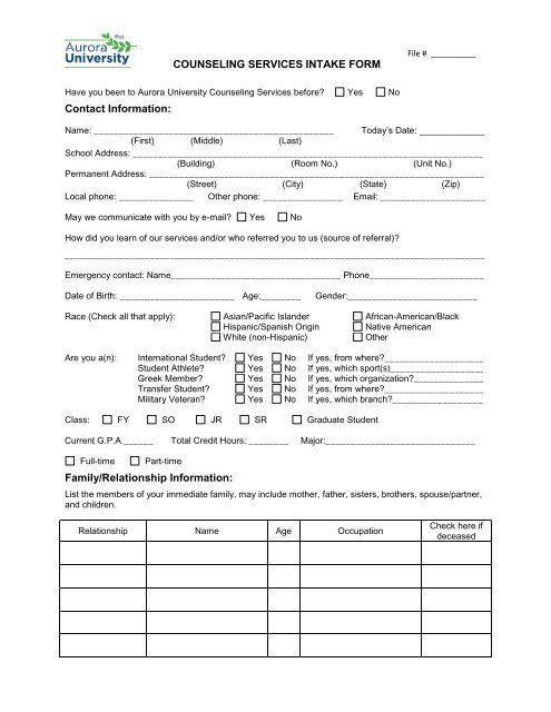 COUNSELING SERVICES INTAKE FORM ... - Aurora University