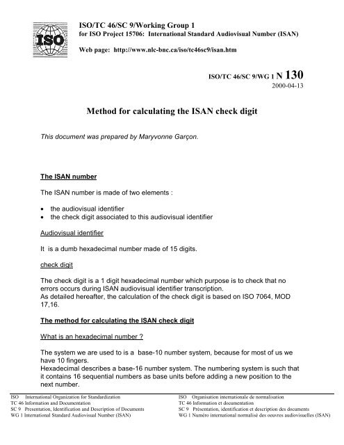 Method for calculating the ISAN check digit