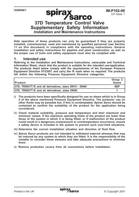 37D Temperature Control Valve Supplementary ... - Spirax Sarco