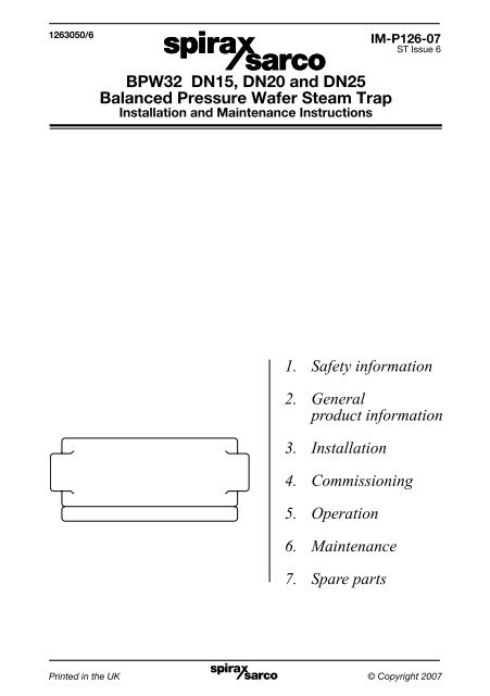 BPW32 DN15, DN20 and DN25 Balanced Pressure ... - Spirax Sarco