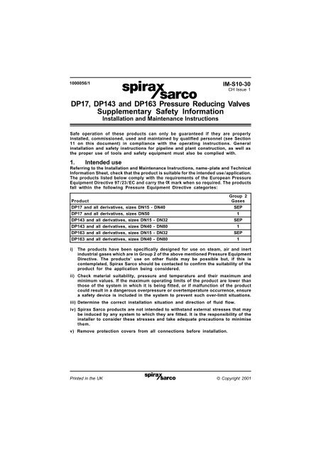 DP17, DP143 and DP163 Pressure Reducing Valves - Spirax Sarco