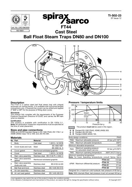 FT44 Cast Steel Ball Float Steam Traps DN80 and ... - Spirax Sarco