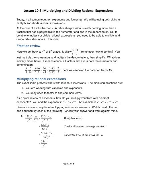 Lesson 10-3: Multiplying and Dividing Rational Expressions