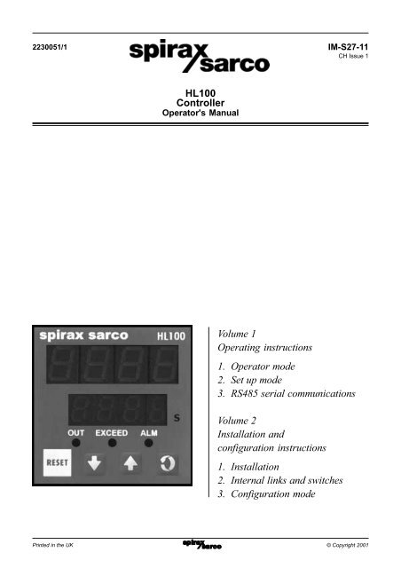 HL100 Controller Operator's Manual - Spirax Sarco