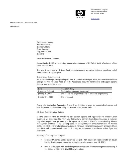 Select Audit - Customer Letter - Hewlett-Packard