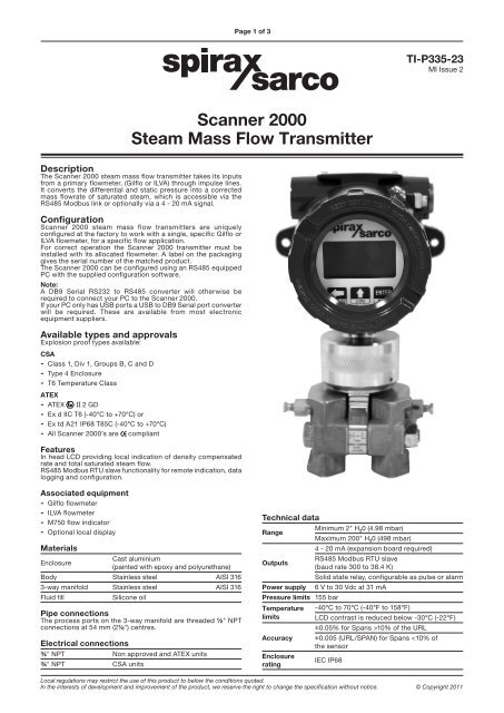 Scanner 2000 Steam Mass Flow Transmitter - Spirax Sarco