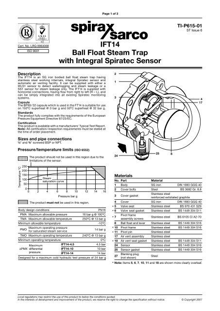 IFT14 Ball Float Steam Trap with Integral Spiratec ... - Spirax Sarco