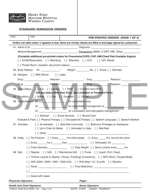 STANDARD ADMISSION ORDERS