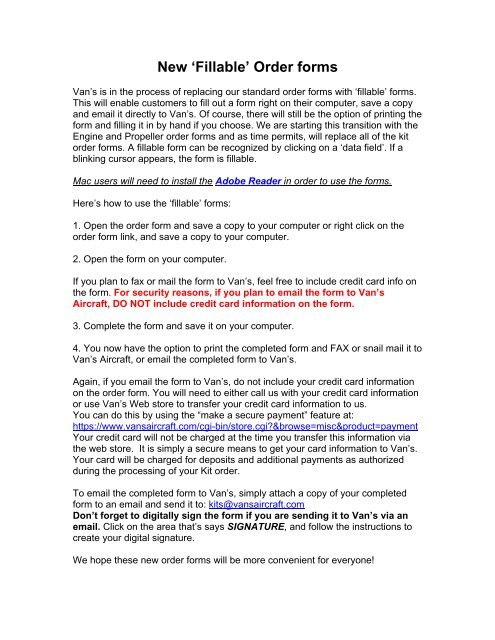 RV-7/7A STANDARD KIT ORDER FORM - Van's Aircraft, Inc.