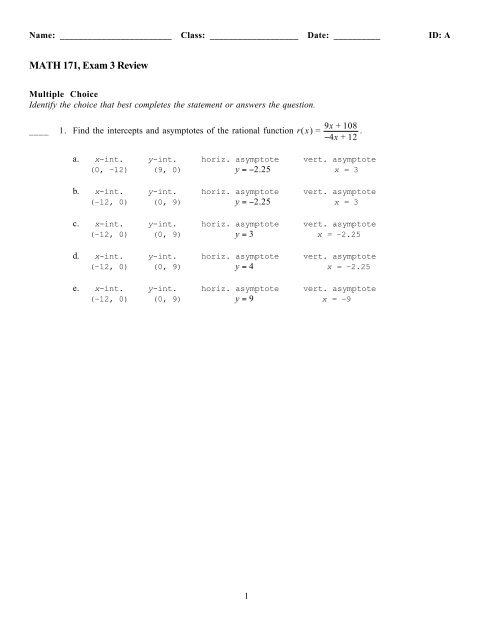 MATH 171, Exam 3 Review Packet - Eudora Schools Sites