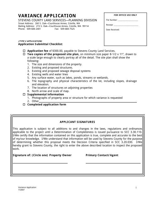 VARIANCE APPLICATION - Stevens County