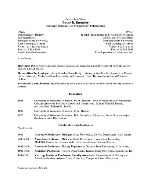 Curriculum Vitae - MSU Dept of History - Michigan State University