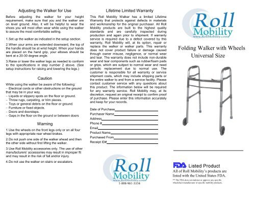 Folding Walker with Wheels Instruction Manual from Roll Mobility.