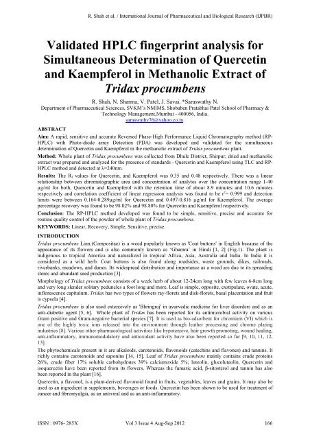 Validated HPLC fingerprint analysis for Simultaneous Determination ...