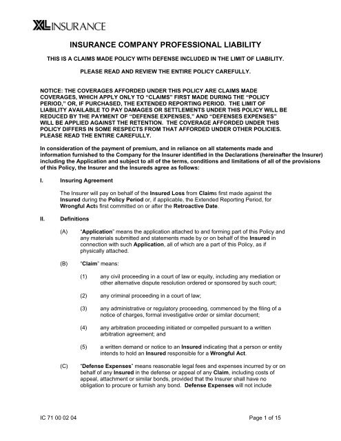 INSURANCE COMPANY PROFESSIONAL LIABILITY - XL Group